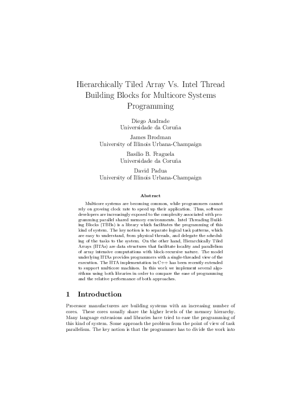 (PDF) Hierarchically Tiled Array Vs. Intel Thread Building Blocks for Multicore Systems Programming