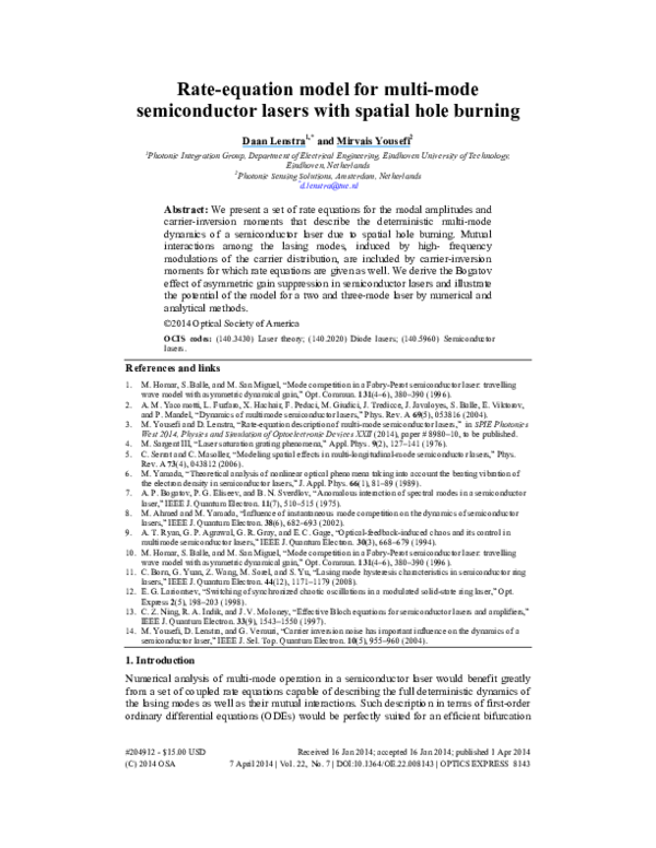 (PDF) Rate-equation description of multi-mode semiconductor lasers