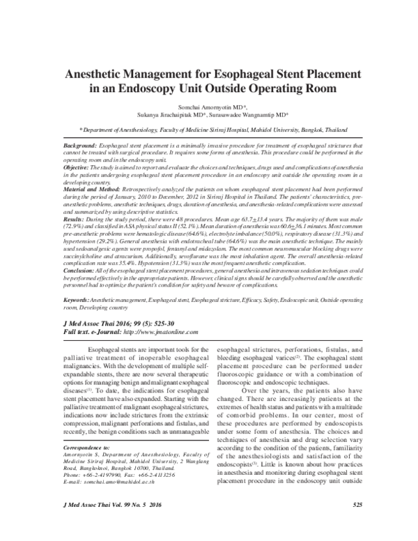 (PDF) Anesthetic Management for Esophageal Stent Placement in an ...