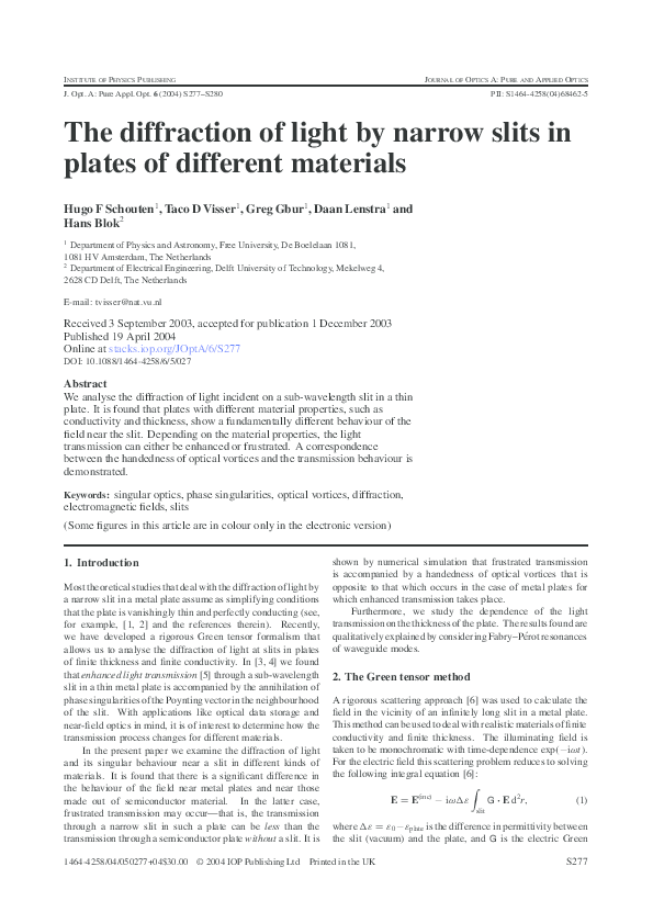 (PDF) The diffraction of light by narrow slits in plates of different ...