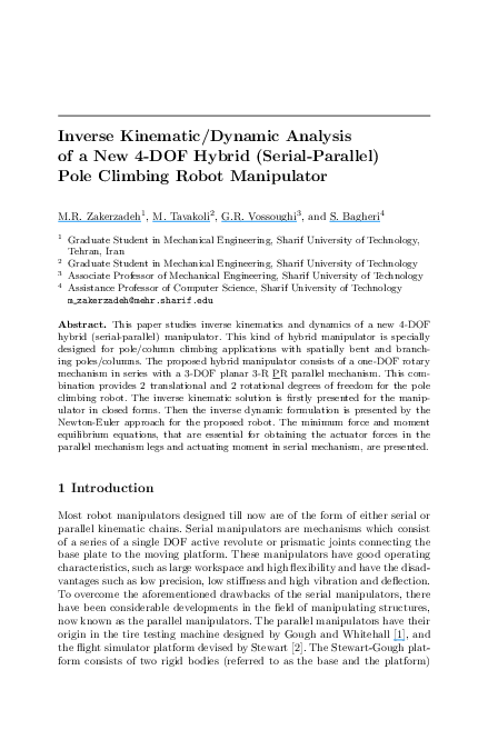 (PDF) Inverse Kinematic/Dynamic Analysis of a New 4-DOF Hybrid (Serial-Parallel) Pole Climbing ...