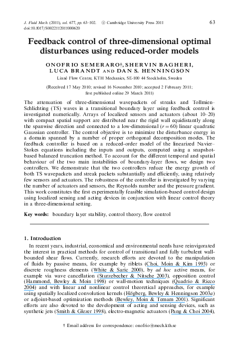 Pdf Feedback Control Of Three Dimensional Optimal Disturbances Using Reduced Order Models