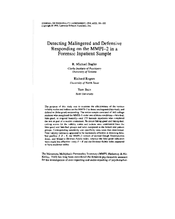 (PDF) Detecting Malingered and Defensive Responding on the MMPI-2 in a ...