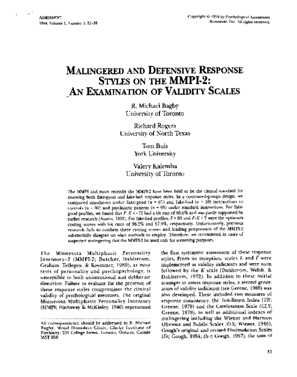 (PDF) MALINGERED AND DEFENSIVE RESPONSE STYLES ON THE MMPI-2: AN ...