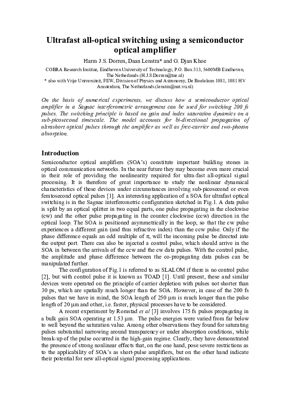 (PDF) Ultrafast all-optical switching using a semiconductor optical amplifier