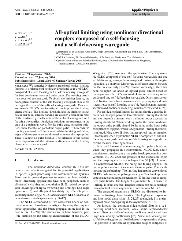 (PDF) All-optical limiting using nonlinear directional couplers composed of a self-focusing and ...