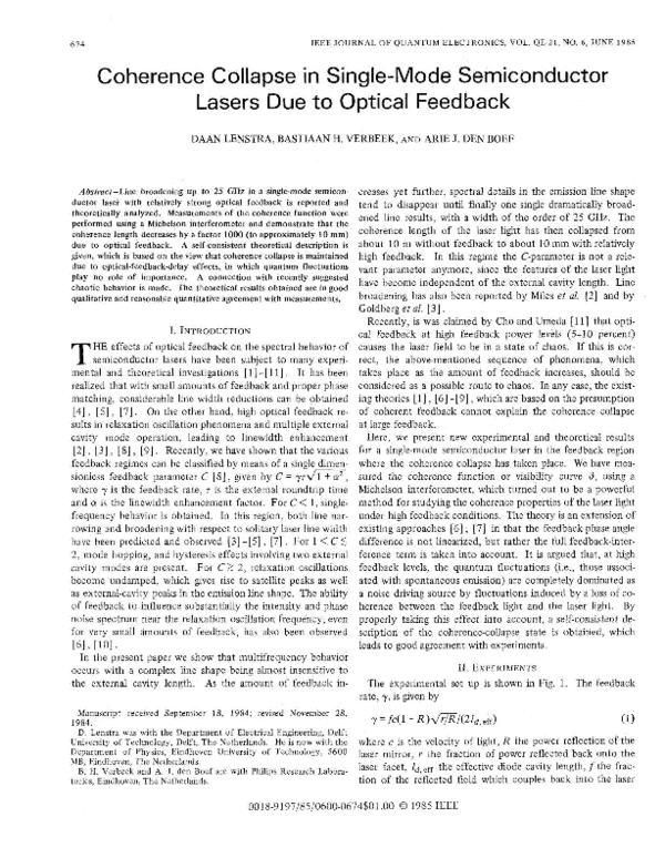 (PDF) Coherence collapse in single-mode semiconductor lasers due to ...
