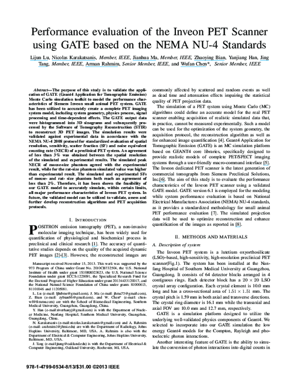 (PDF) Performance evaluation of the Inveon PET Scanner using GATE based ...