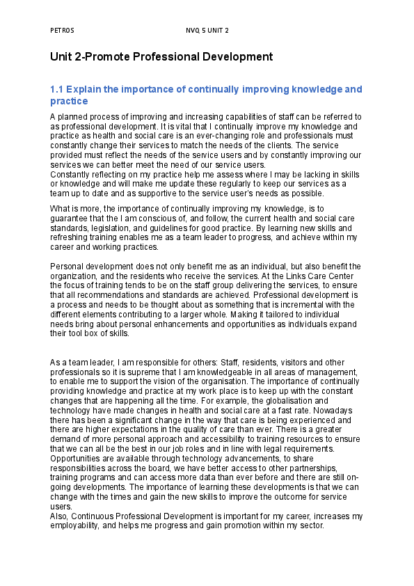 Unit 2-Promote Professional Development 1.1 Explain the importance of ...