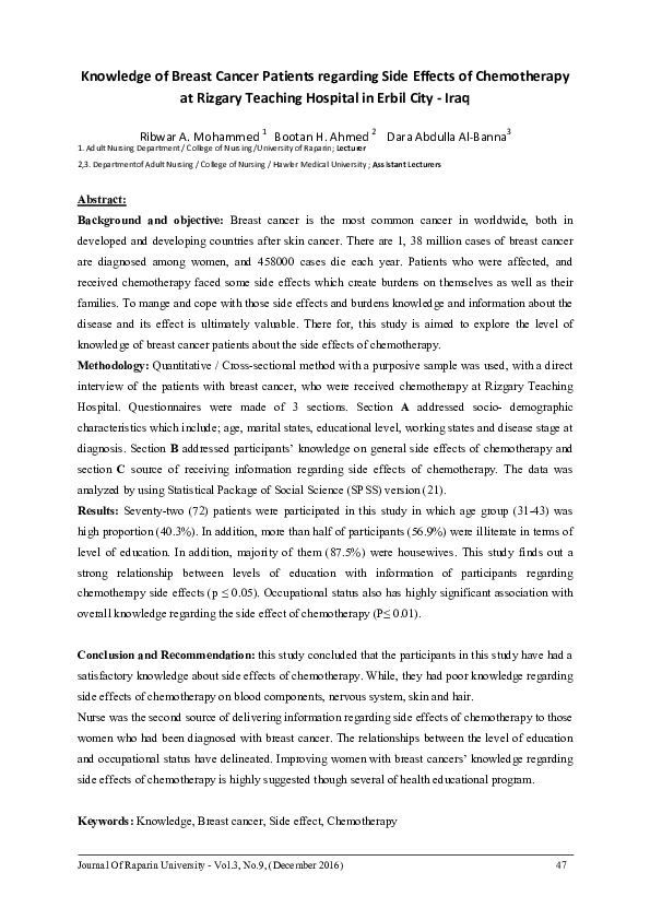 (PDF) Knowledge of Breast Cancer Patients regarding Side Effects of ...