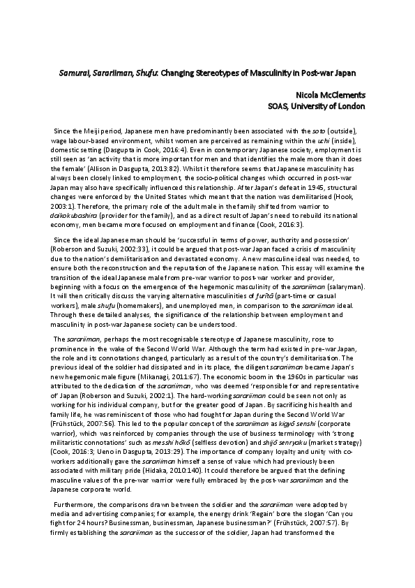 (DOC) Samurai, Sarariiman, Shufu: Changing Stereotypes of Masculinity ...