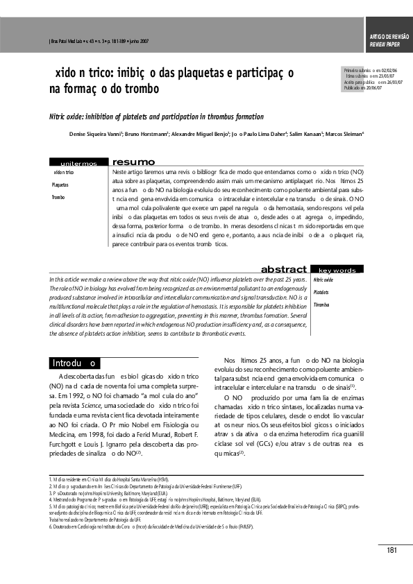 Pdf Nitric Oxide Inhibition Of Platelets And Participation In
