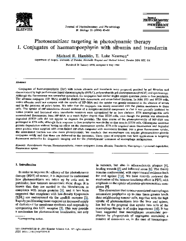(PDF) Photosensitizer targeting in photodynamic therapy II. Conjugates ...