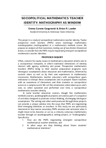 (PDF) Sociopolitical Mathematics Teacher Identity: Mathography as Window