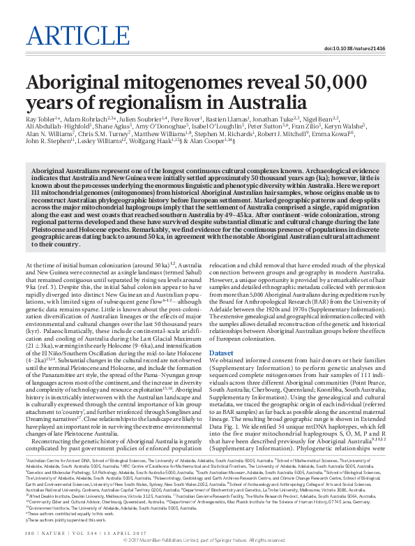 (PDF) Tobler, Ray et al, 'Aboriginal mitogenomes reveal 50,000 years of ...