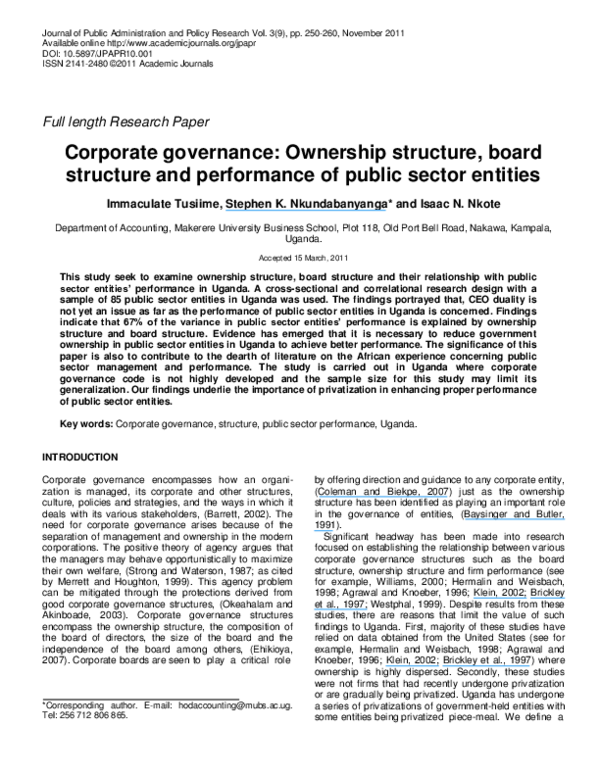 (PDF) Corporate governance: Ownership structure, board structure and performance of public ...