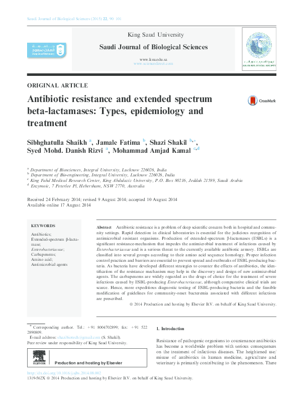 (PDF) Antibiotic resistance and extended spectrum beta-lactamases: Types, epidemiology and treatment