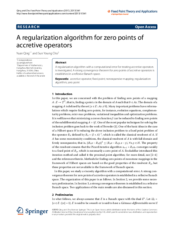 (PDF) A regularization algorithm for zero points of accretive operators