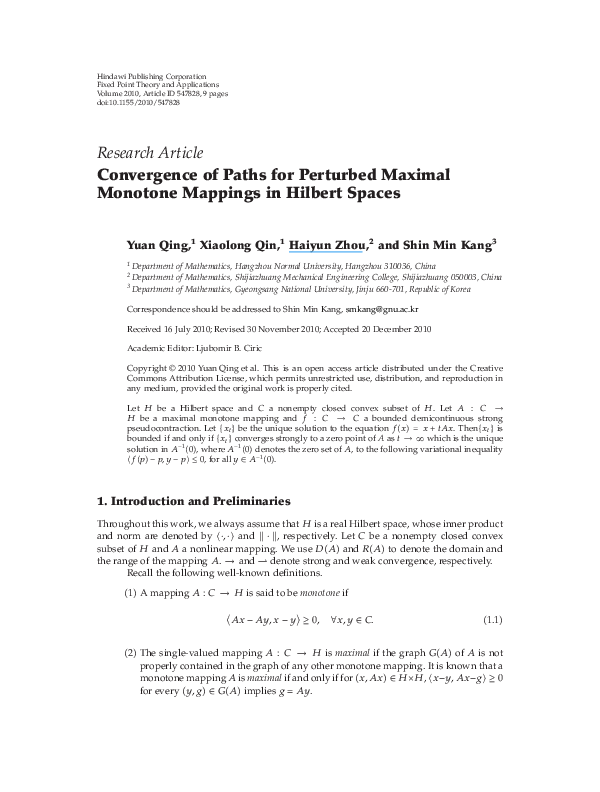 Pdf Convergence Of Paths For Perturbed Maximal Monotone Mappings In Hilbert Spaces