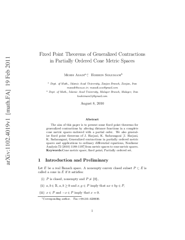 Pdf Fixed Point Theorems Of Generalized Contractions In Partially Ordered Cone Metric Spaces