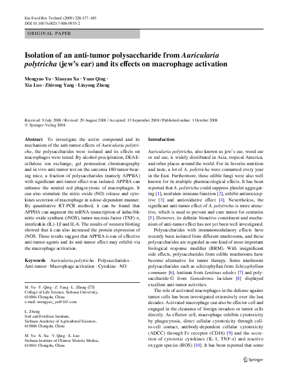 (PDF) Isolation of an anti-tumor polysaccharide from Auricularia ...