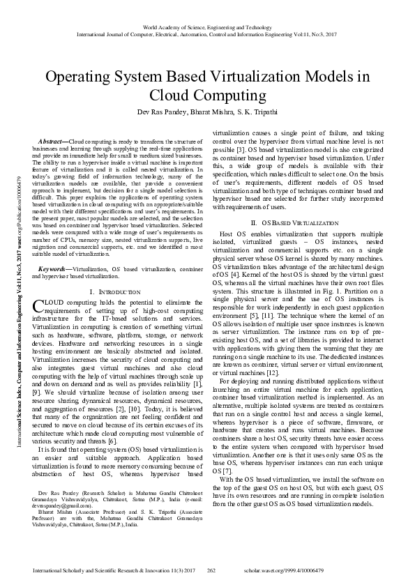 (PDF) Operating System Based Virtualization Models in Cloud Computing
