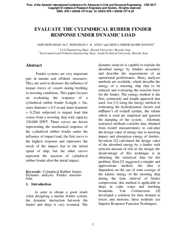 (PDF) EVALUATE THE CYLINDRICAL RUBBER FENDER RESPONSE UNDER DYNAMIC LOAD