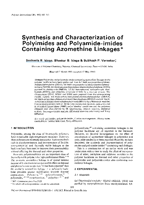 (PDF) Synthesis and Characterization of PoIyimides and PoIyamide- imides Containing Azomethine ...