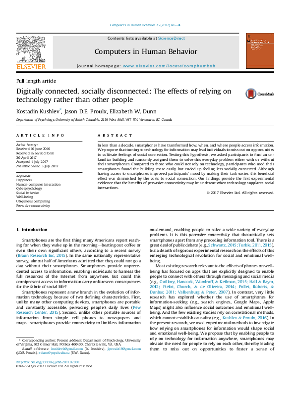 (PDF) Digitally connected, socially disconnected: The effects of ...