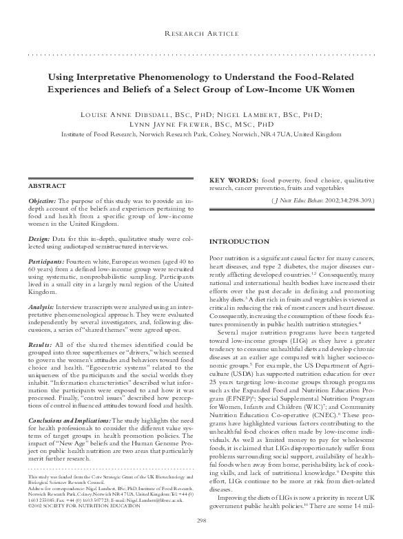 (PDF) Using Interpretative Phenomenology to Understand the Food-Related ...