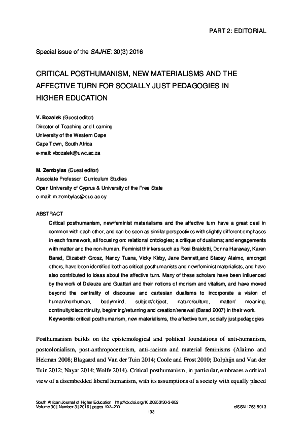 (PDF) CRITICAL POSTHUMANISM, NEW MATERIALISMS AND THE AFFECTIVE TURN FOR SOCIALLY JUST ...