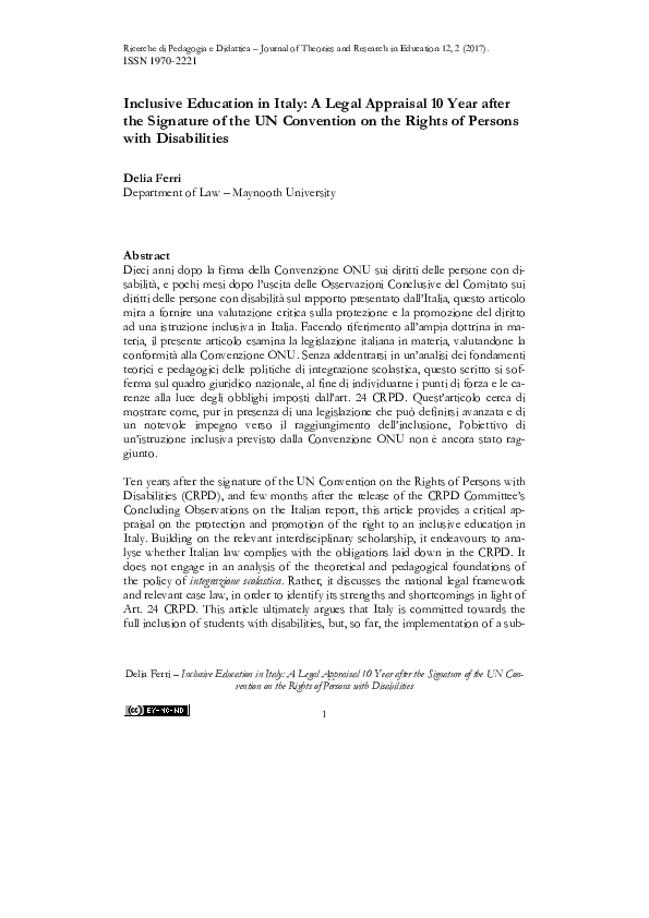 (PDF) Inclusive Education in Italy: A Legal Appraisal 10 Year after the ...