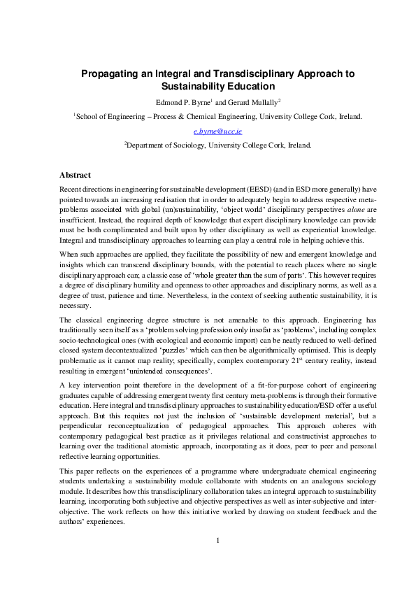 (PDF) Propagating an Integral and Transdisciplinary Approach to Sustainability Education