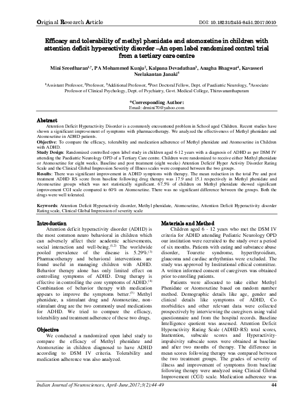 (PDF) Efficacy and tolerability of methyl phenidate and atomoxetine in ...
