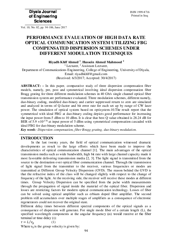 Pdf Performance Evaluation Of High Data Rate Optical Communication System Utilizing Fbg