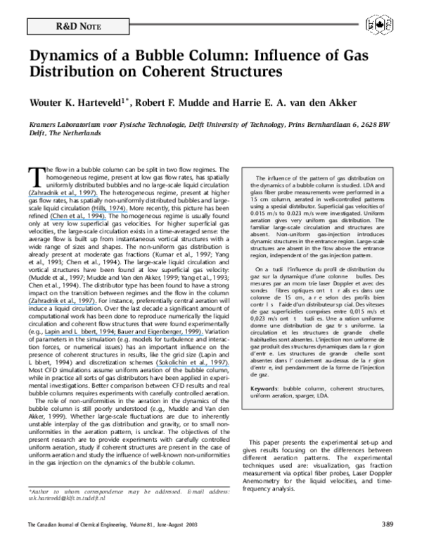 (PDF) Dynamics of a Bubble Column: Influence of Gas Distribution on Coherent Structures | Robert ...