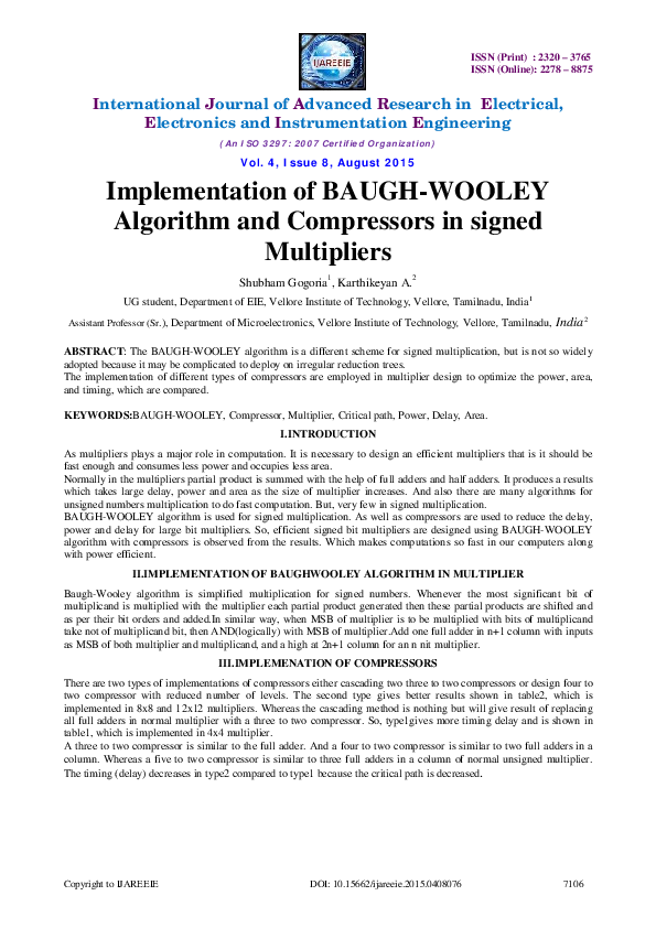(PDF) Implementation of BAUGH-WOOLEY Algorithm and Compressors in signed Multipliers