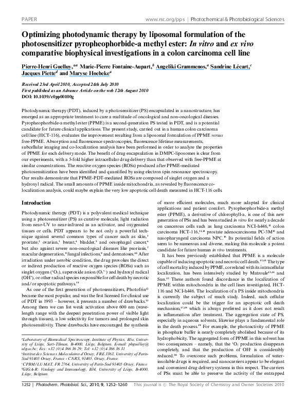 (PDF) Optimizing photodynamic therapy by liposomal formulation of the ...