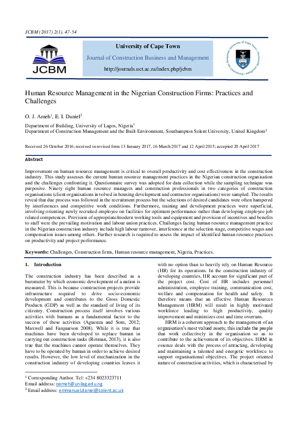 (PDF) Human Resource Management in the Nigerian Construction Firms ...