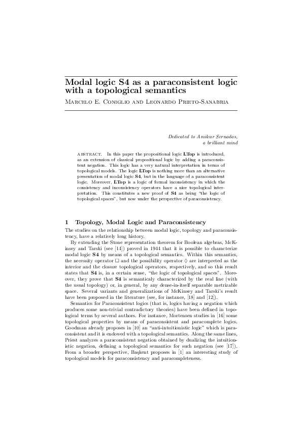 Pdf Modal Logic S4 As A Paraconsistent Logic With A Topological Semantics