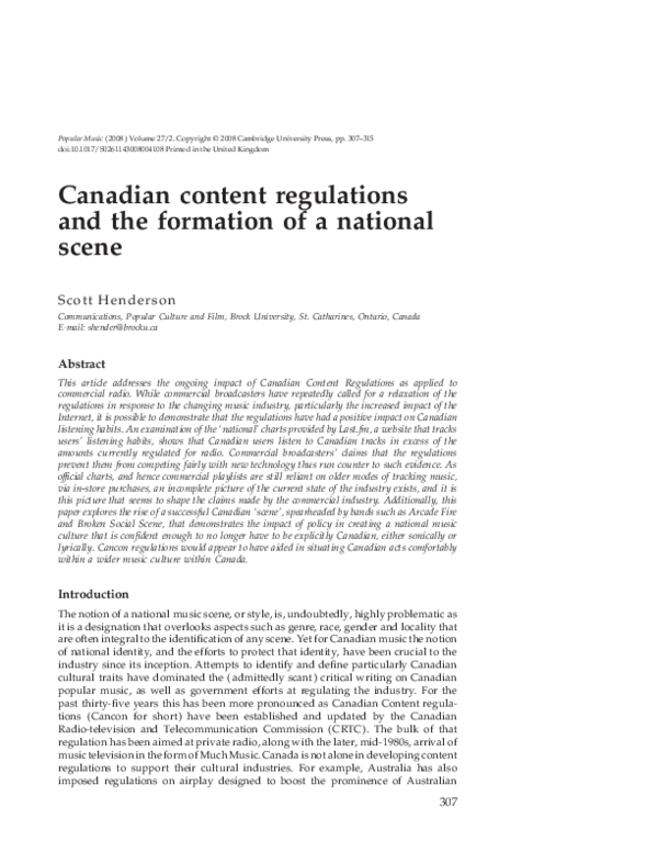 (PDF) Canadian content regulations and the formation of a national scene