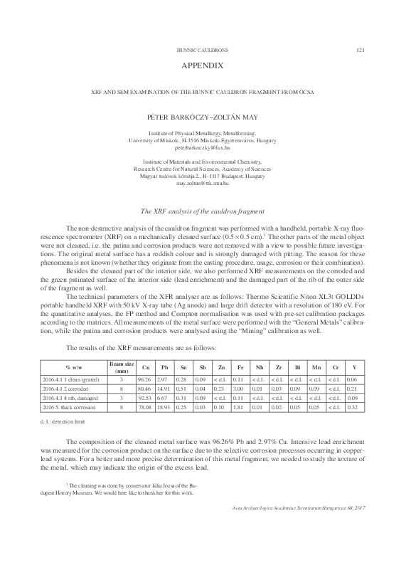 (PDF) XRF and SEM examination of the Hunnic cauldron fragment from Ócsa.