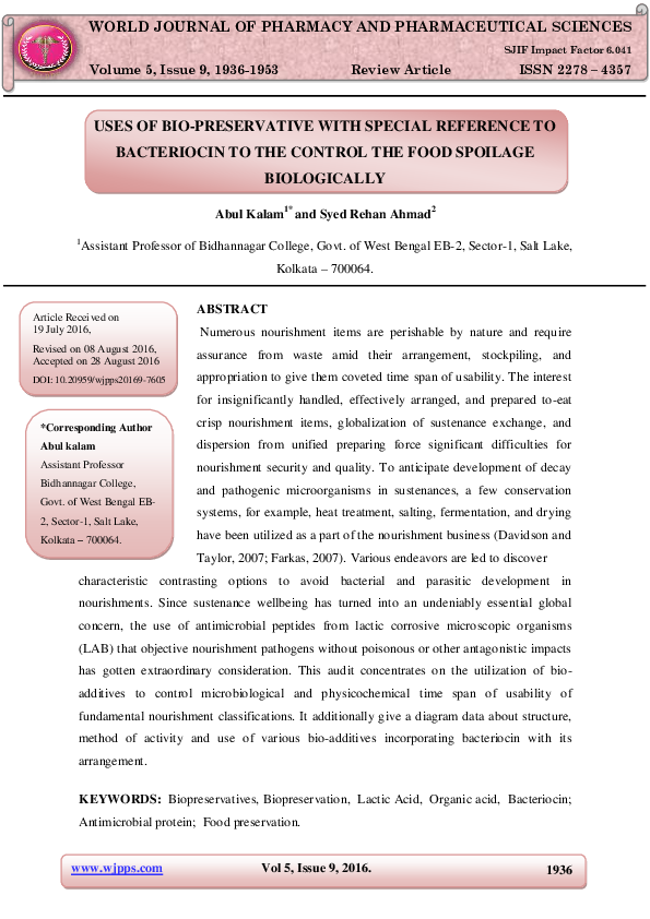 (PDF) USES OF BIO-PRESERVATIVE WITH SPECIAL REFERENCE TO BACTERIOCIN TO ...