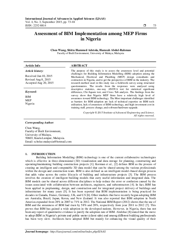 (PDF) Assessment of BIM Implementation among MEP Firms in Nigeria