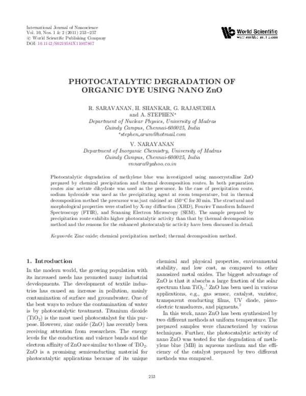 (PDF) PHOTOCATALYTIC DEGRADATION OF ORGANIC DYE USING NANO ZnO