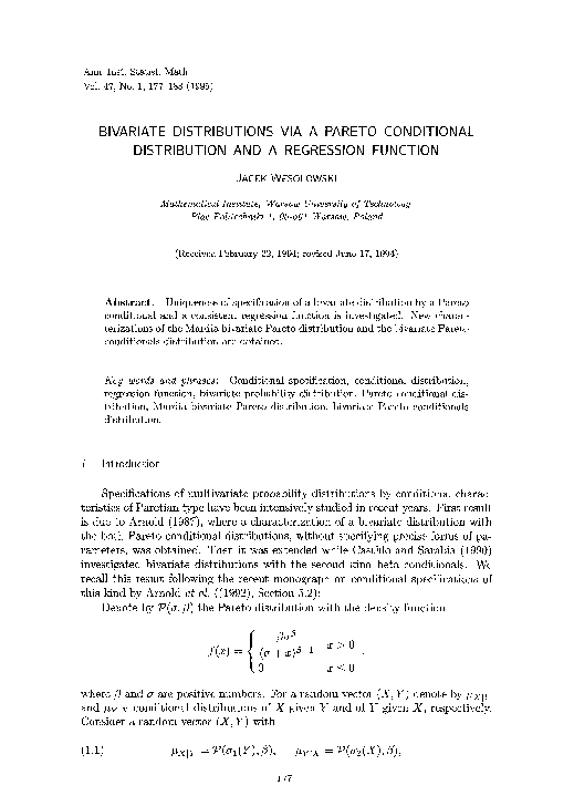 Pdf Bivariate Distributions Via A Pareto Conditional Distribution And A Regression Function