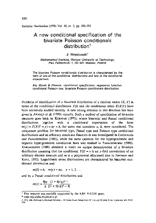 Pdf A New Conditional Specification Of The Bivariate Poisson Conditionals Distribution