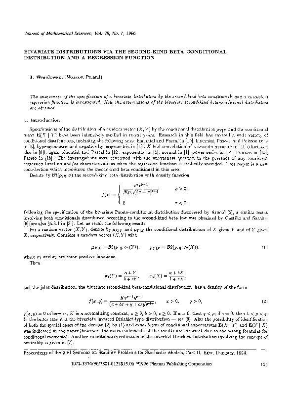 Pdf Bivariate Distributions Via The Second Kind Beta Conditional Distribution And A Regression