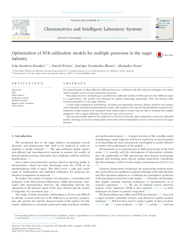 (PDF) Chemometrics and Intelligent Laboratory Systems Optimization of NIR calibration models for ...