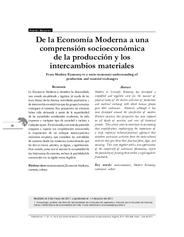 (PDF) De la Economía Moderna a una comprensión socioeconómica de la ...